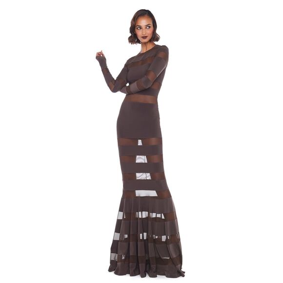 Norma Kamali | Dresses | Nwt Norma Kamali Long Sleeve Spliced Meshstriped Fishtail Gown ...